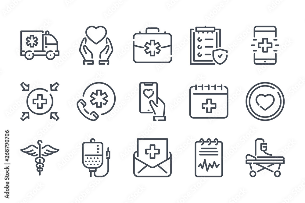Healthcare related line icon set. Emergency linear icons. Hospital and ...