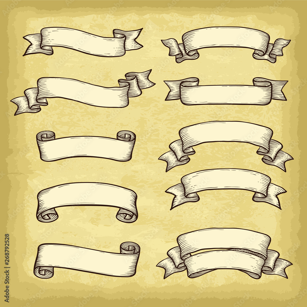 Isolated hand drawn banners set. Old paper texture background. Vintage ...
