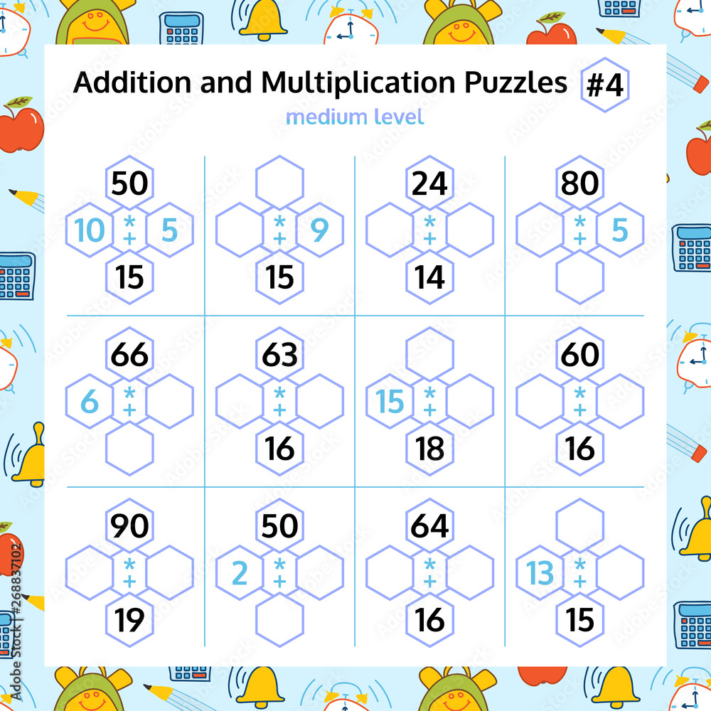 Addition and Multiplication Math Puzzle Set. Mathematical educational ...