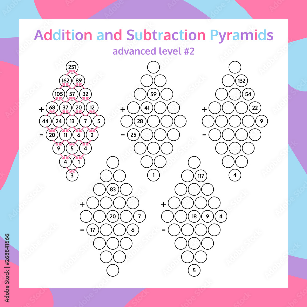 Addition and Subtraction Pyramid Set. Educational Math Game Worksheet ...