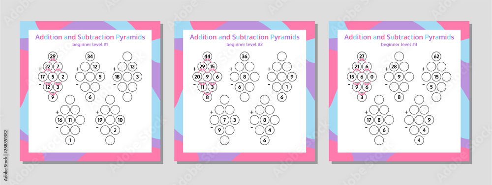 Addition and Subtraction Pyramid Set. Educational Math Game Worksheet ...