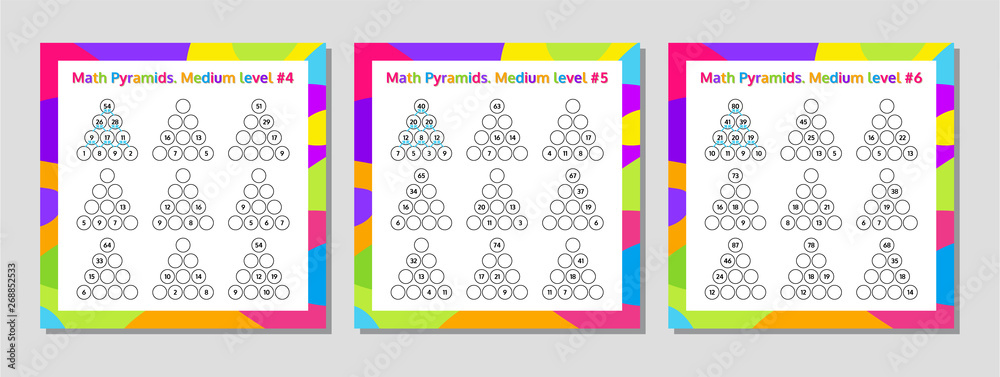 Math Pyramid Educational Game Worksheet Set. Mathematics puzzle. Vector ...