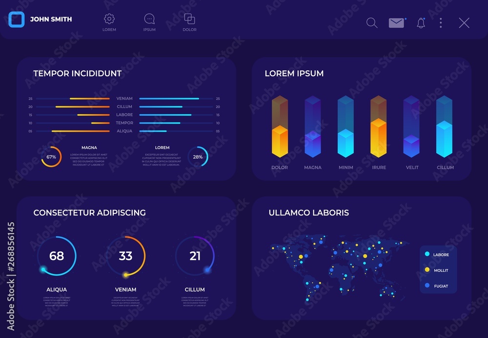 Dashboard user panel data UI infographic. Web application technology hud interface in futuristic ...