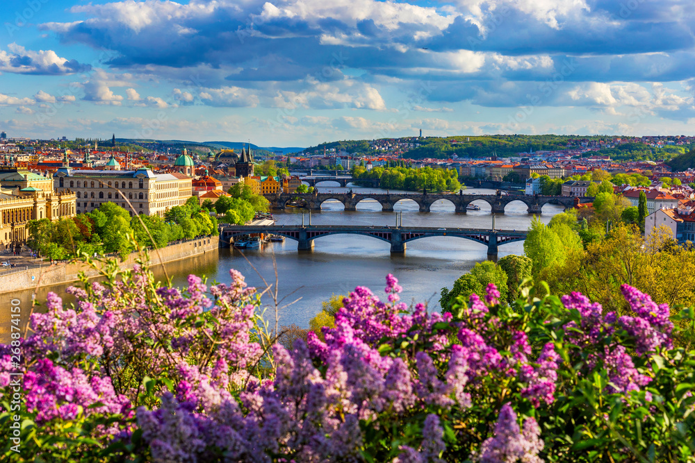Amazing spring cityscape, Vltava river and old city center with ...
