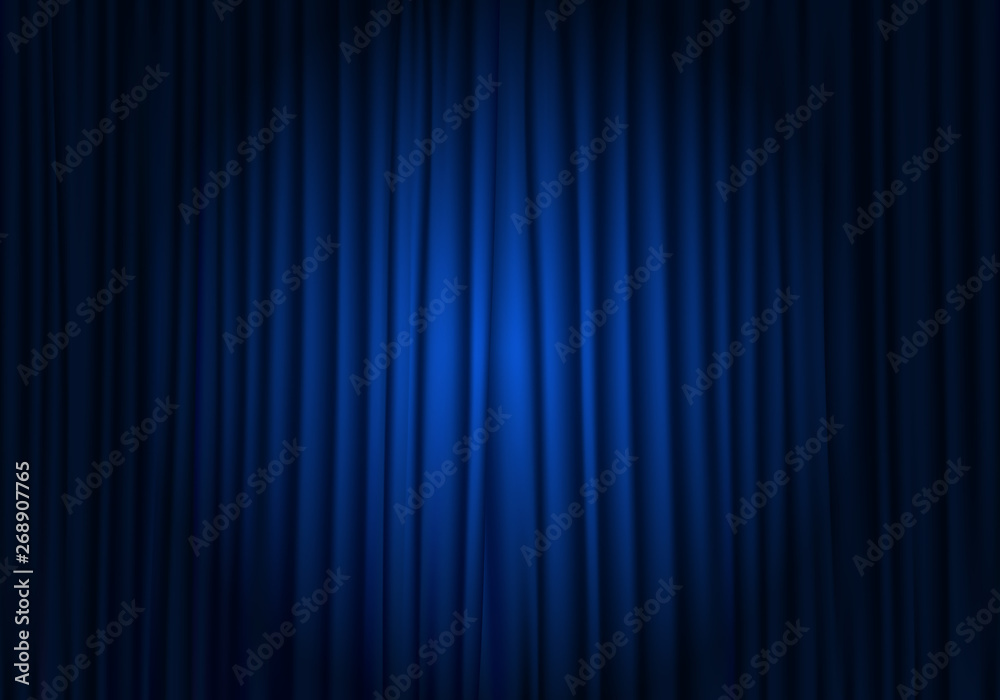 Spotlight on stage curtain. Closed blue curtain background. Theatrical ...