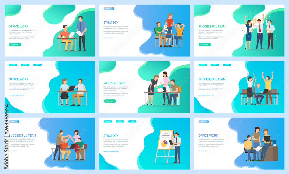 Successful team vector, people at work sitting by tables, workplace of ...
