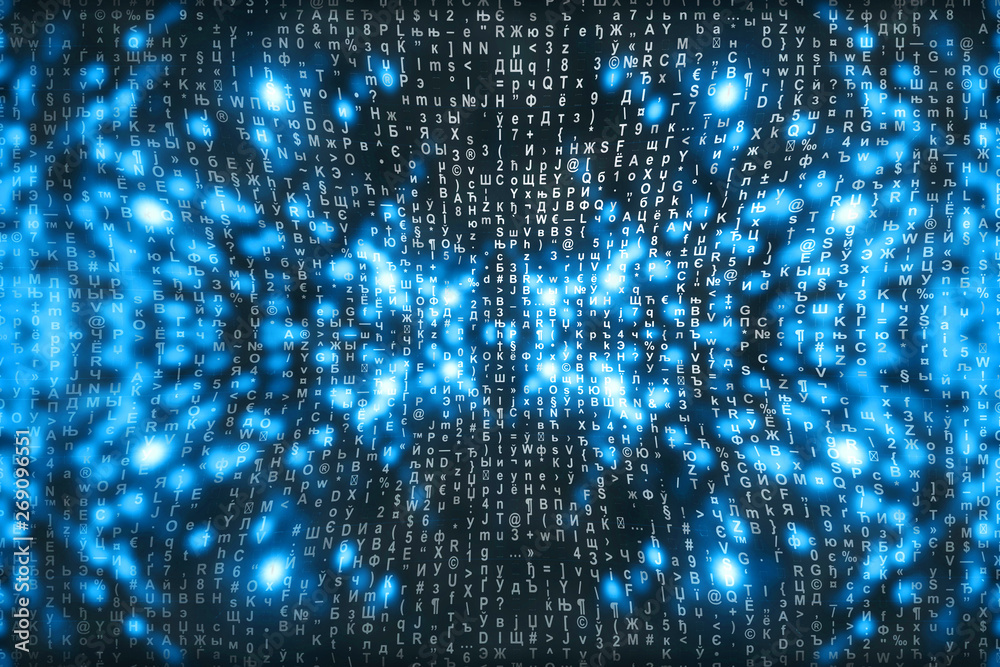 Blue matrix digital background. Abstract cyberspace concept. Characters ...