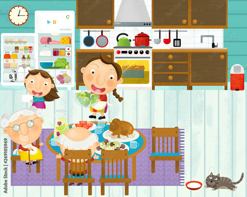 cartoon scene with family in the kitchen eating and cooking together ...