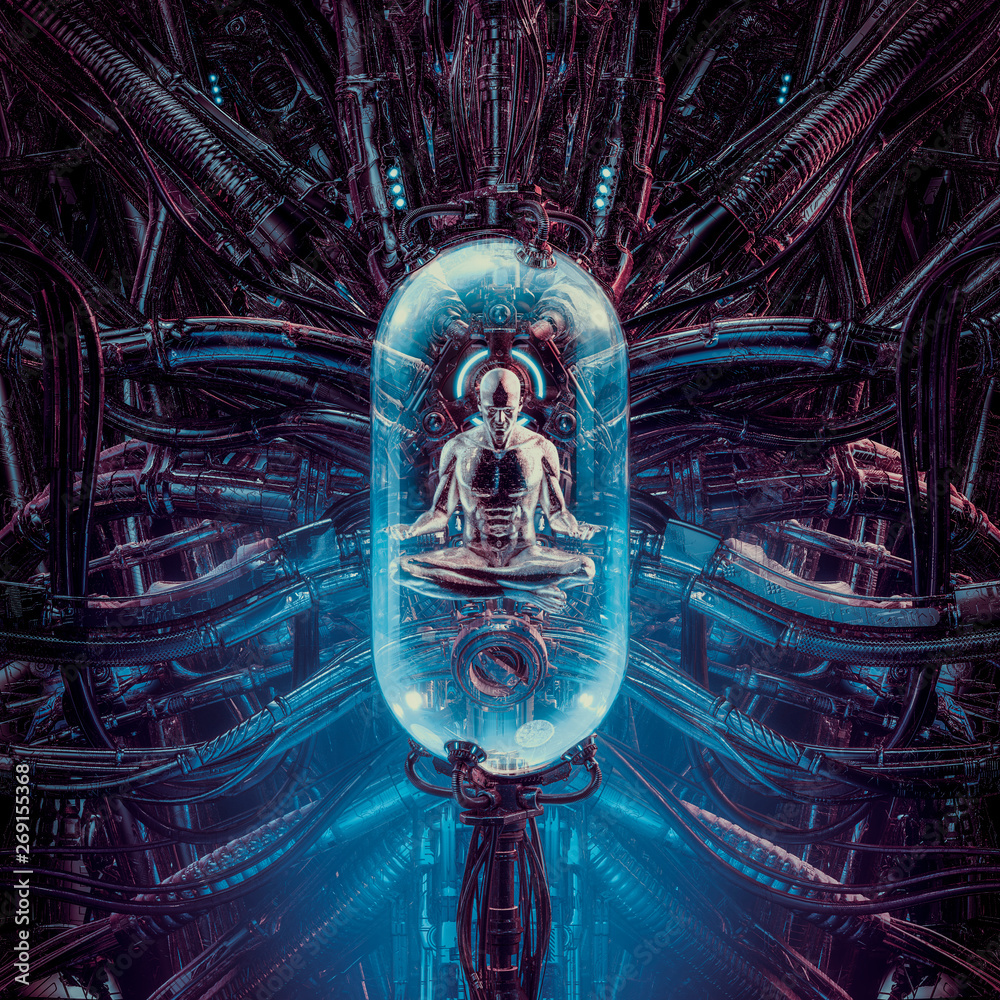 The human pod meditation / 3D illustration of science fiction scene ...