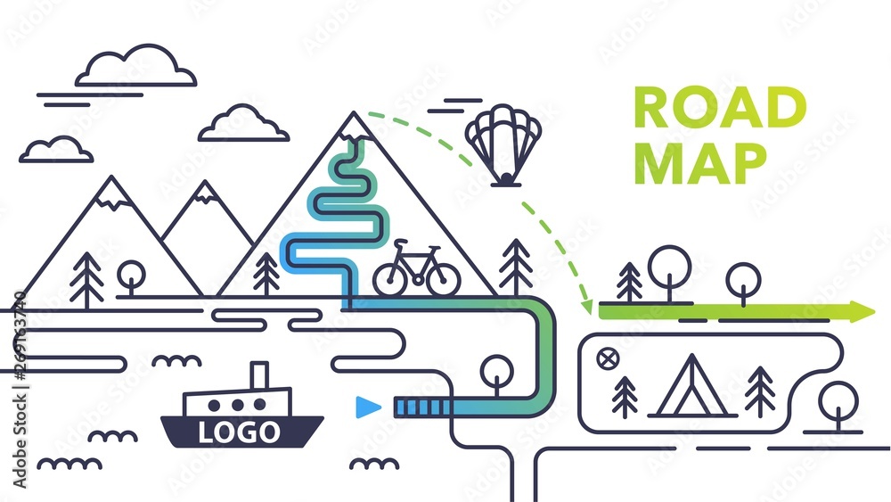Traveler's road map with paraglider and clouds. Infographic route ...