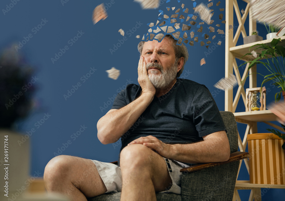 Drown image of losing of mind. Old bearded man with alzheimer desease ...