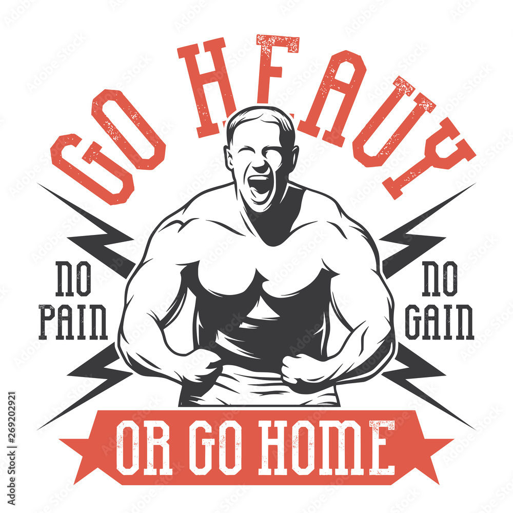 Bodybuilding label with illustration of bodybuilder in heroic pose ...