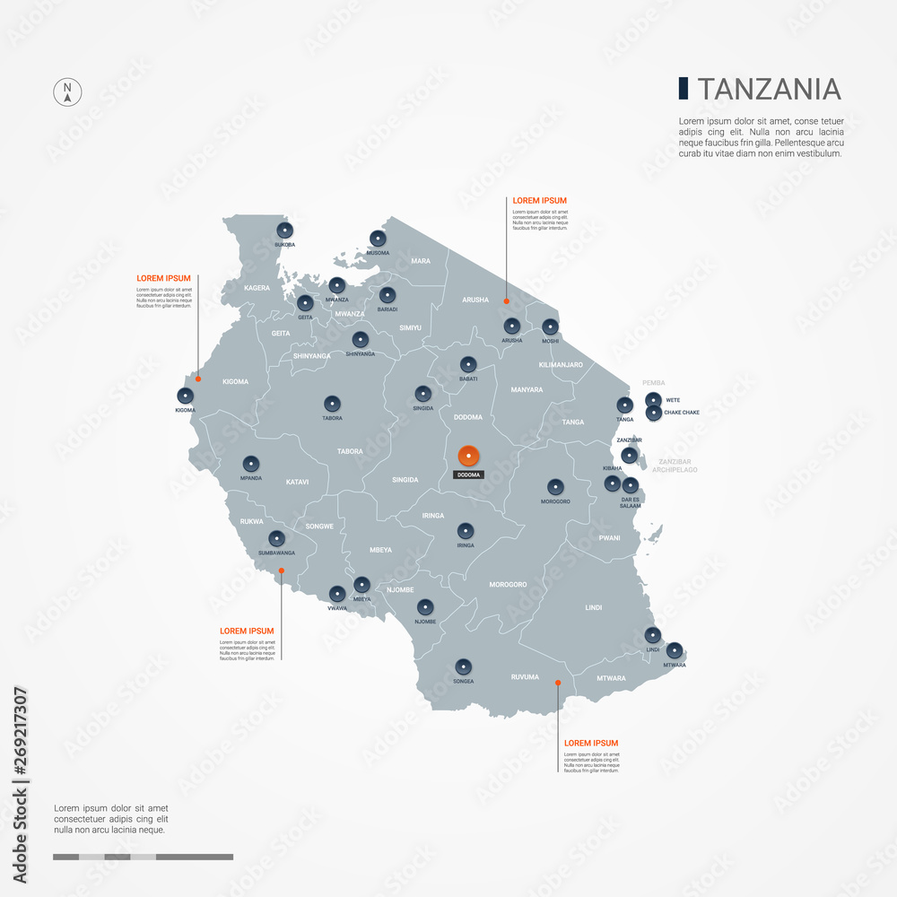 Tanzania map with borders, cities, capital and administrative divisions ...