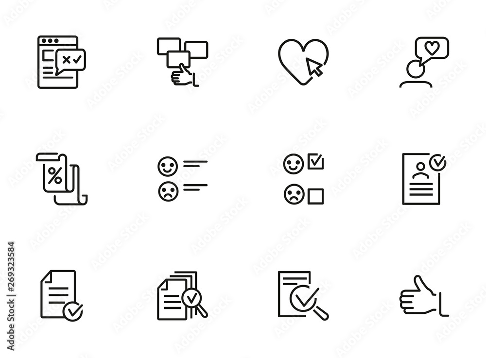 Approving line icon set. Like, document, emoticon. Customer ...