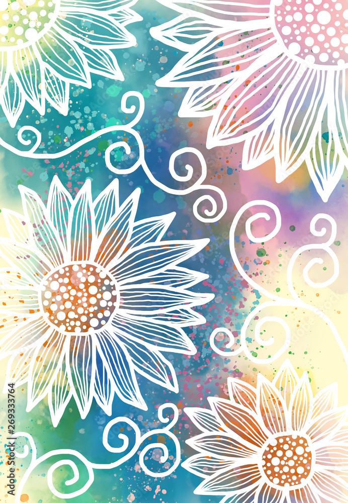 Abstract free hand drawing flower pattern and watercolor digital art ...