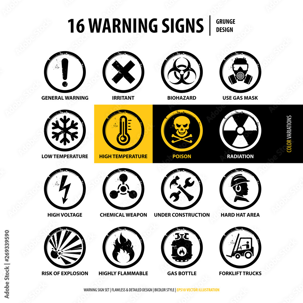 vector set of warning signs, collection of hazard symbols in circle ...