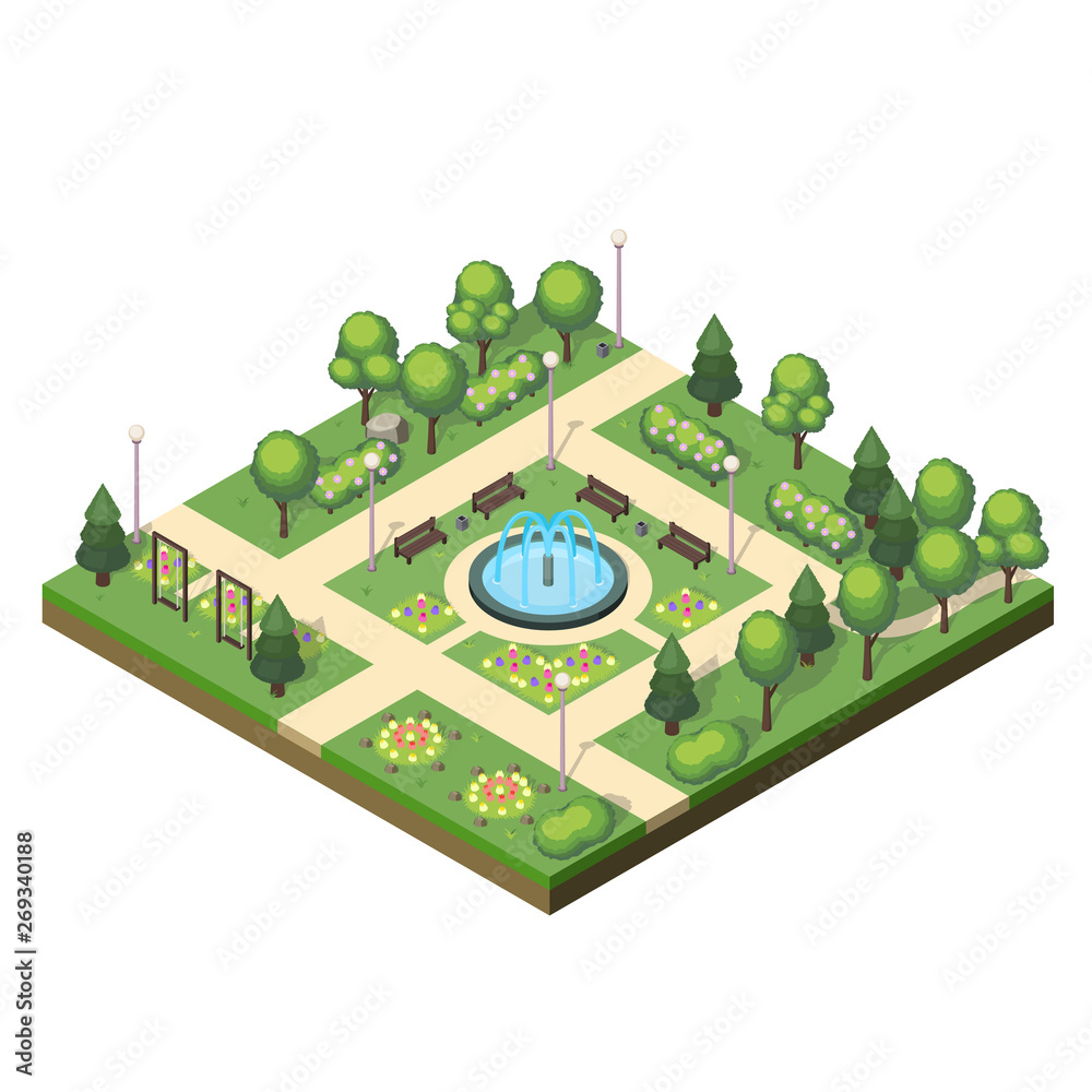 Isometric park landscape with green plants, flower beds, fountain ...