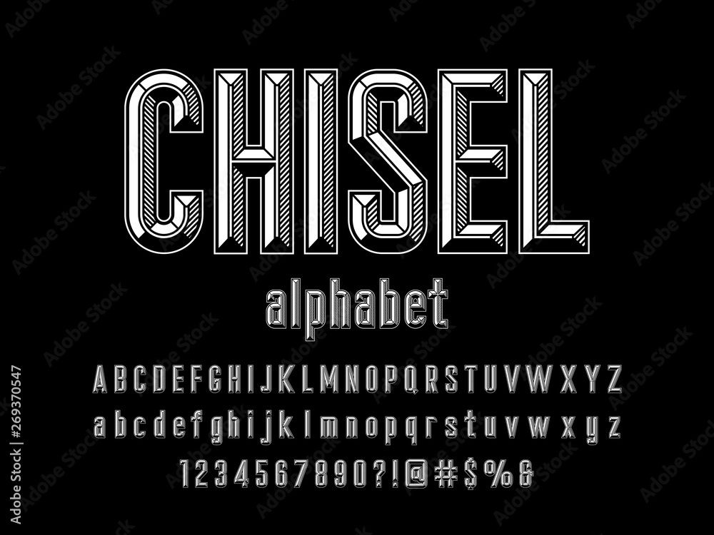 Chisel style alphabet design with uppercase, lowercase, number and ...