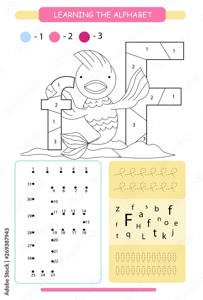 Letter F and funny cartoon fish. Animals alphabet a-z. Coloring page ...