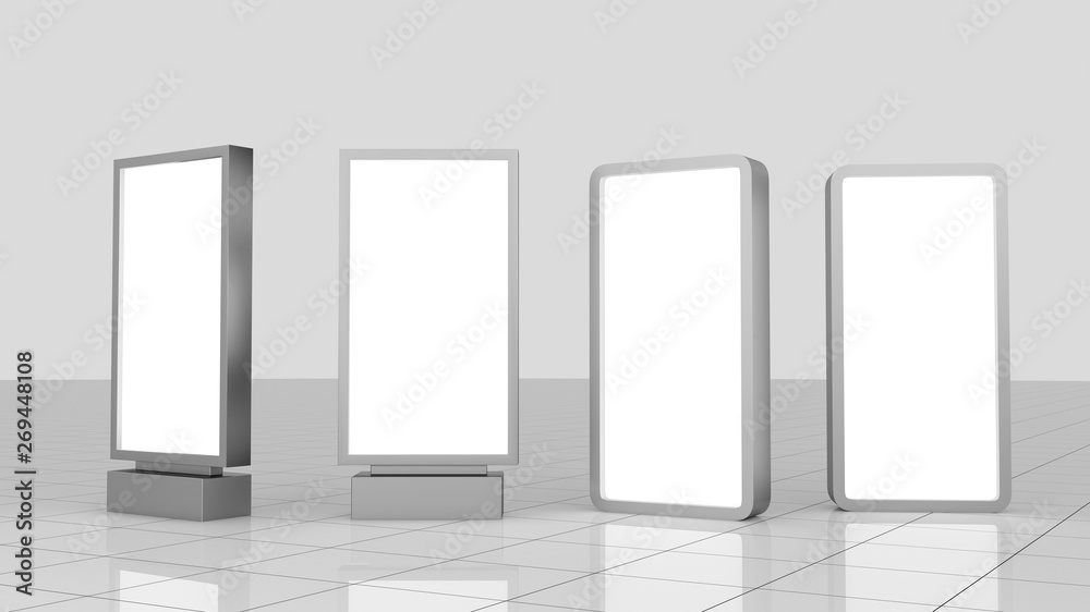 Mock up of four vertical silver light boxes, Template blank advertising ...