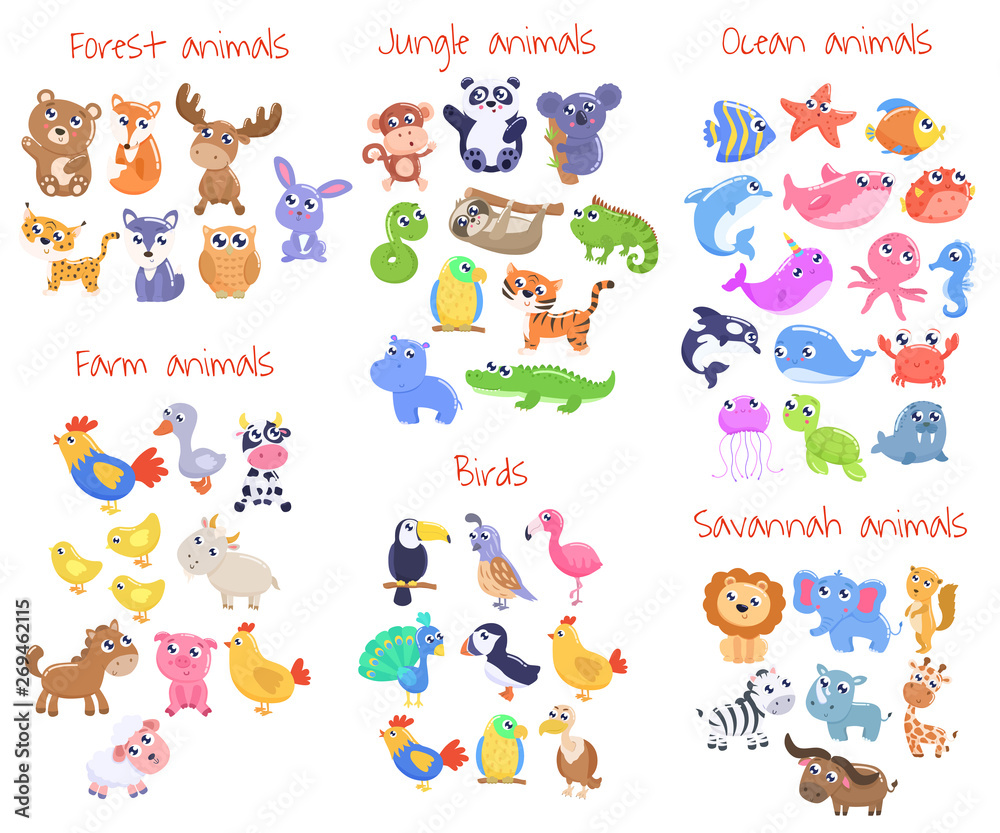 Big set of cute cartoon animals. Ocean, jungle, farm, forest, savannah ...