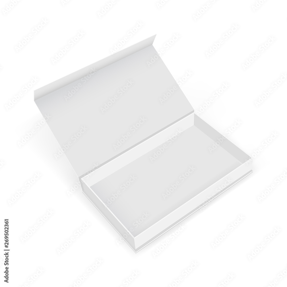 Empty cardboard rectangular gift box mockup with open lid, isolated on ...