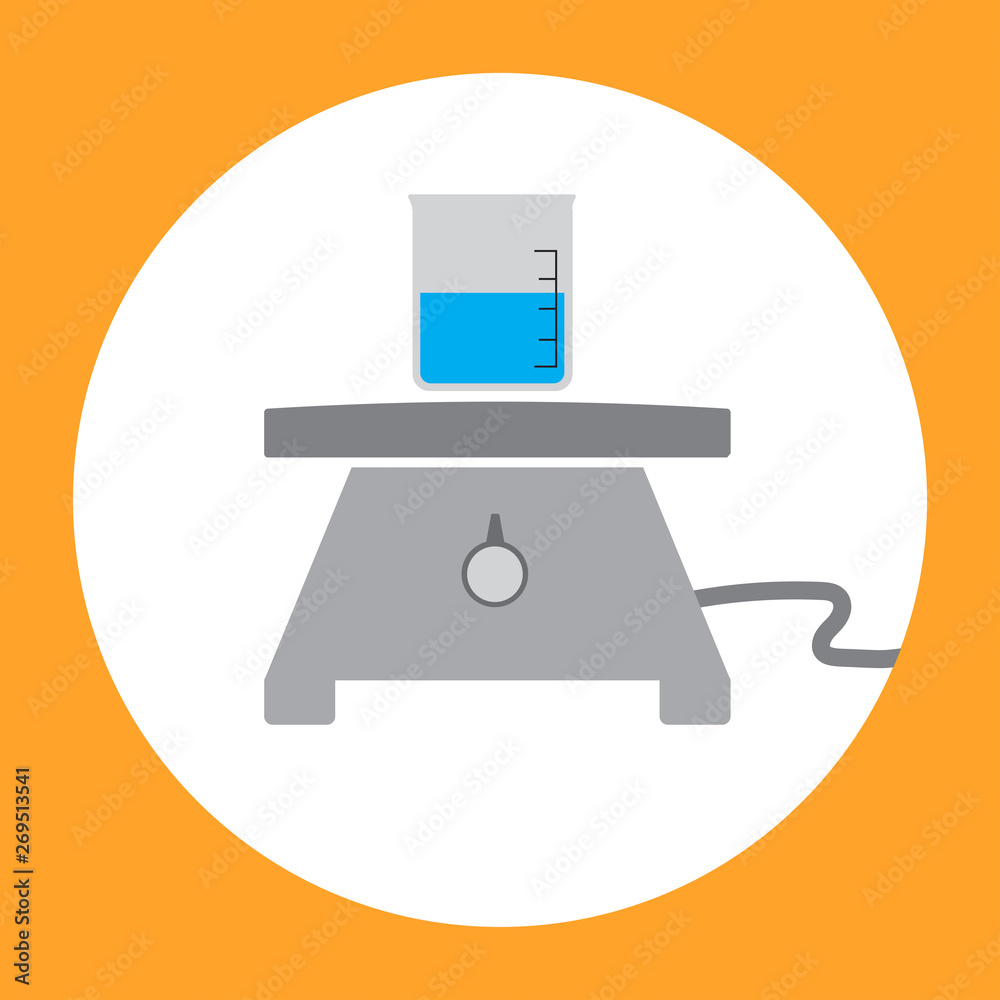 Icon of science action, a beaker with blue water boiling on an electric ...