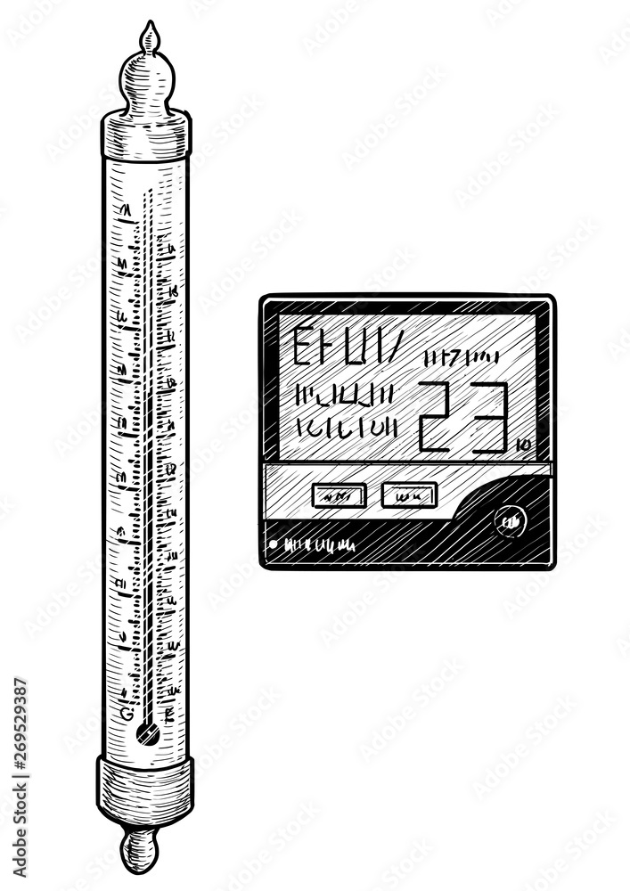 Thermometer illustration, drawing, engraving, ink, line art, vector ...