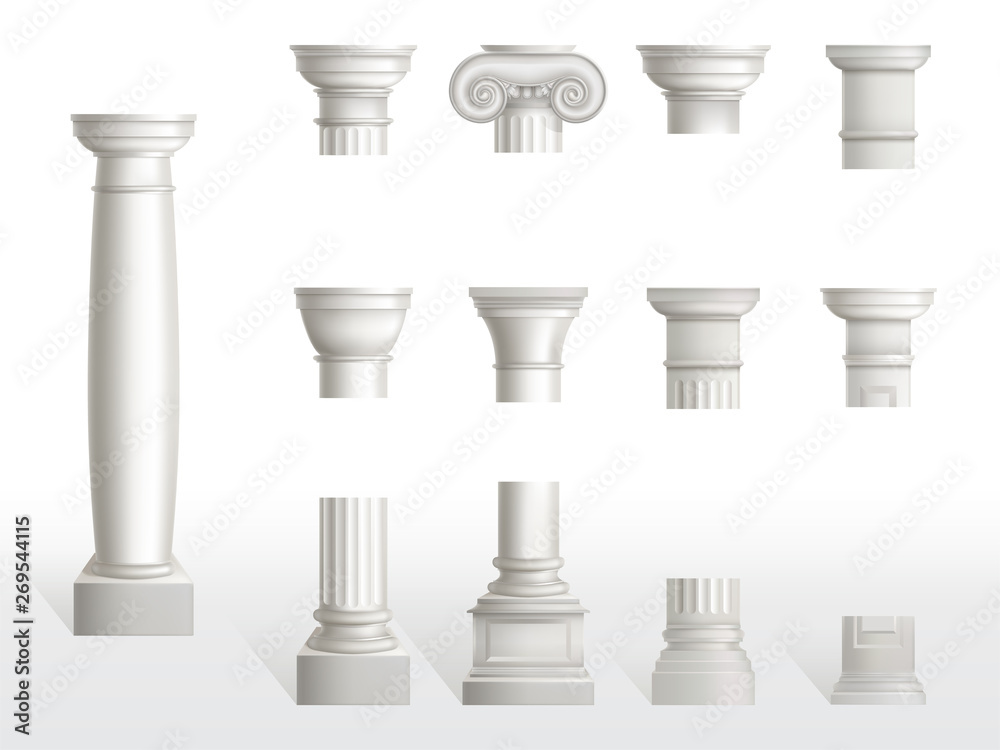 Parts of ancient column, base, shaft and capital set. Ancient classic ornate pillars of roman or ...