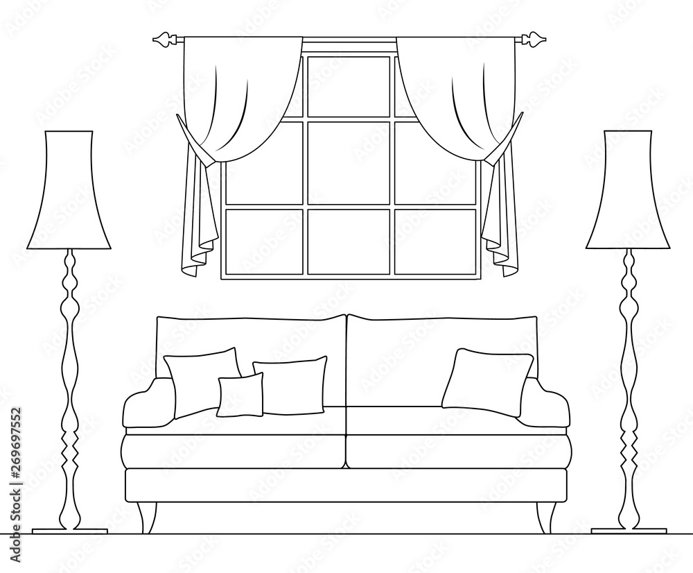 Schematic interior drawn in thin lines. Drawing of a room with a sofa ...