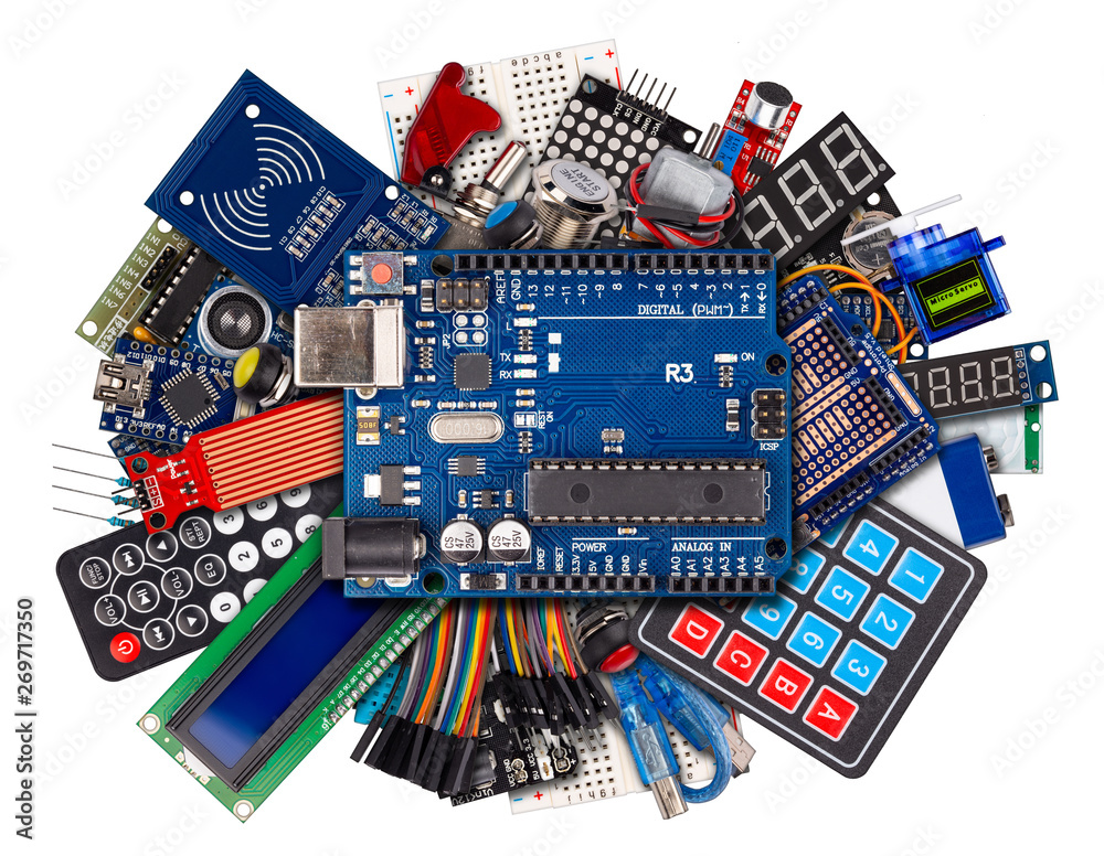 collage of microcontroller board display sensor button switches cable ...