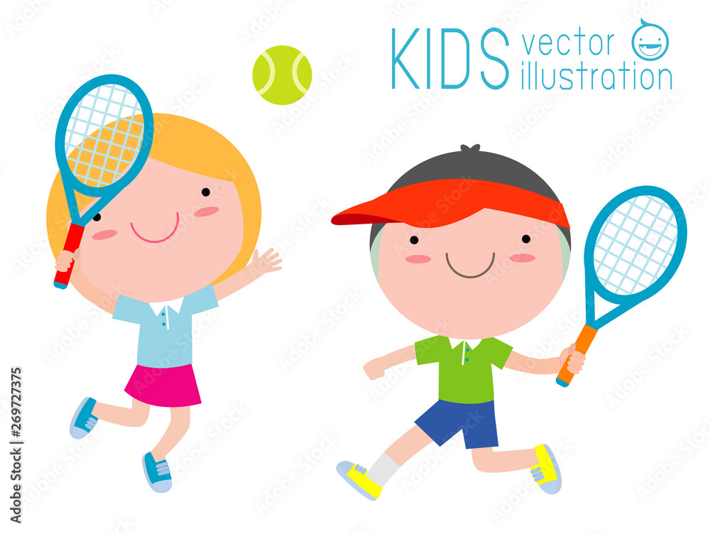 Vector Illustration Of Kids Playing Tennis isolated on white background ...