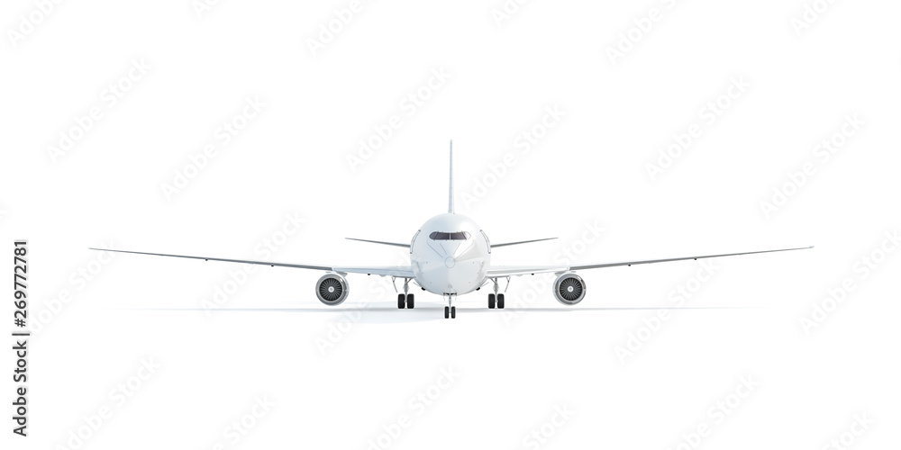 Blank white airplane mockup stand, front view isolated, 3d rendering ...