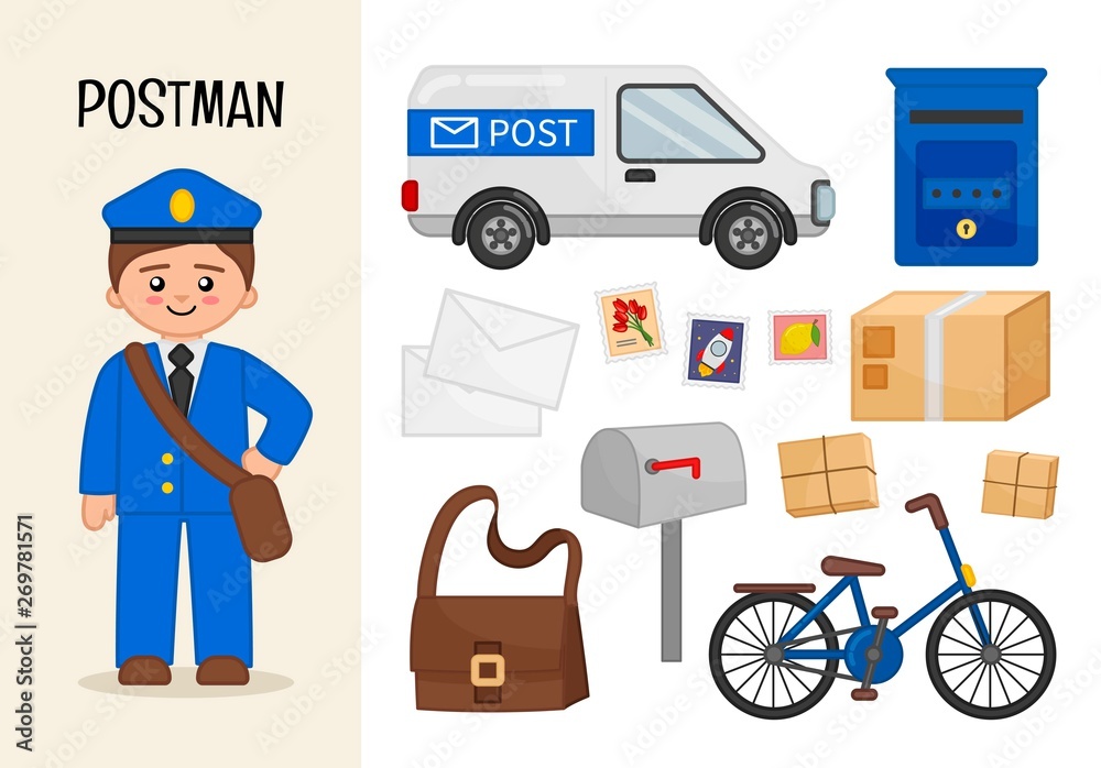Vector de Stock Vector character postman. Illustrations of postman equipment. Set of cartoon ...