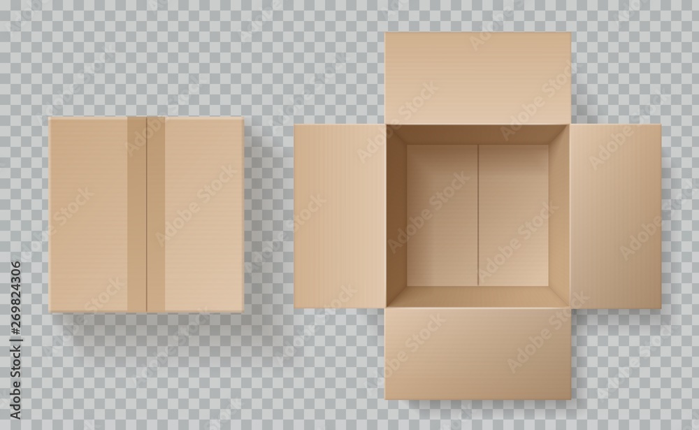 Cardboard box top view. Open closed boxes inside and top, brown pack ...