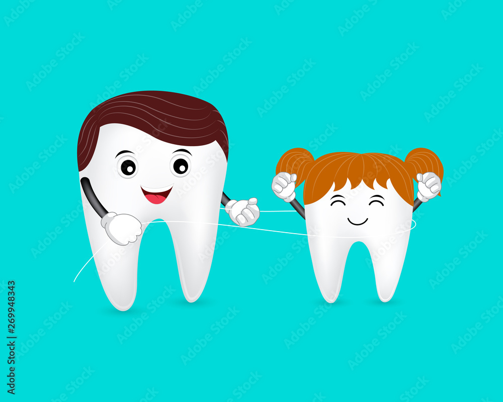 Cute cartoon family tooth character cleaned by dental floss. Dental ...