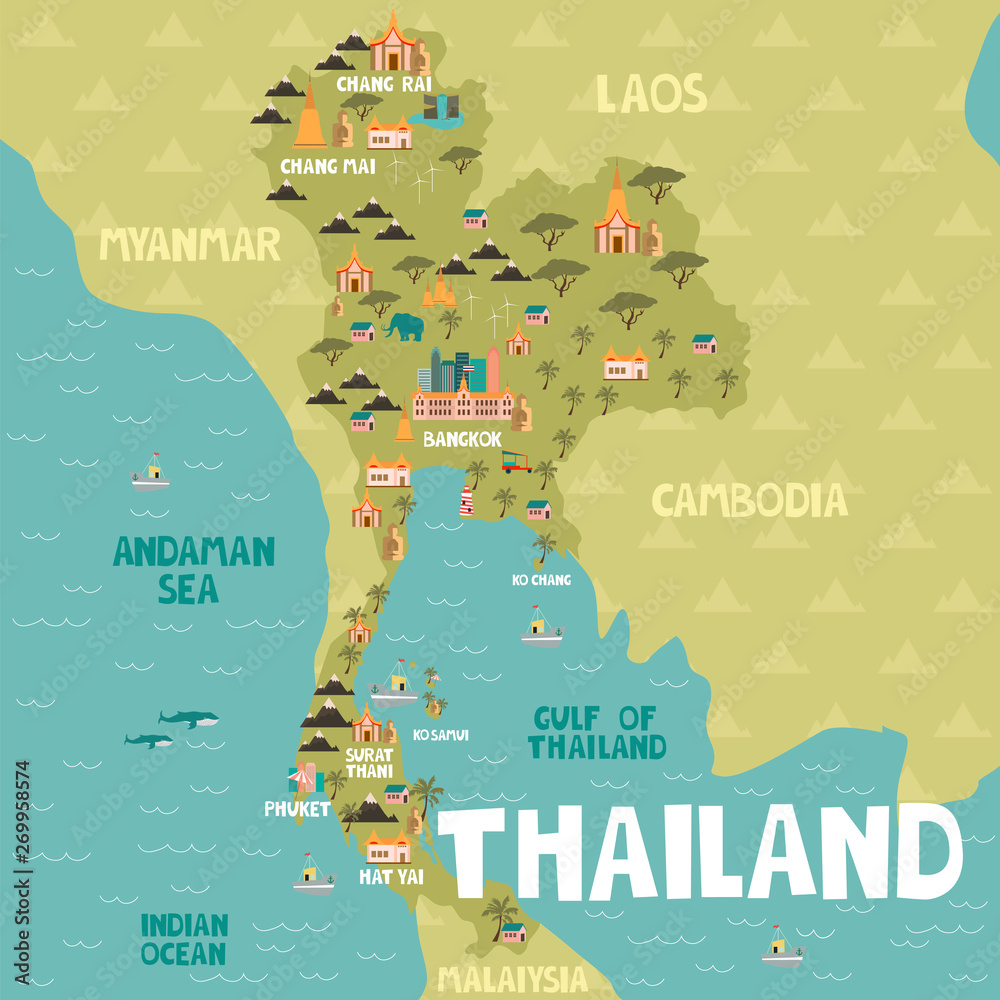 Illustrated map of Thailand with cities and landmarks. Editable vector ...
