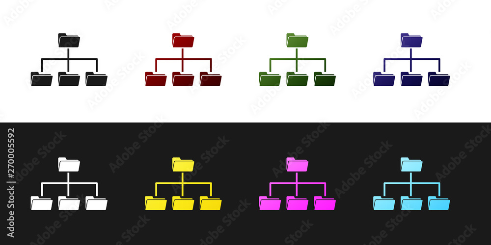 Set Folder tree icon isolated on black and white background. Computer network file folder ...