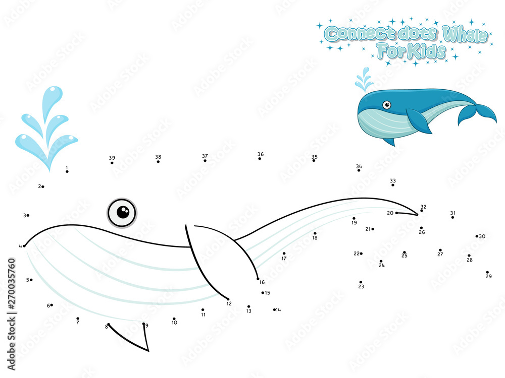 Vector Connect The Dots and Draw Cute Cartoon Whale. Educational Game ...