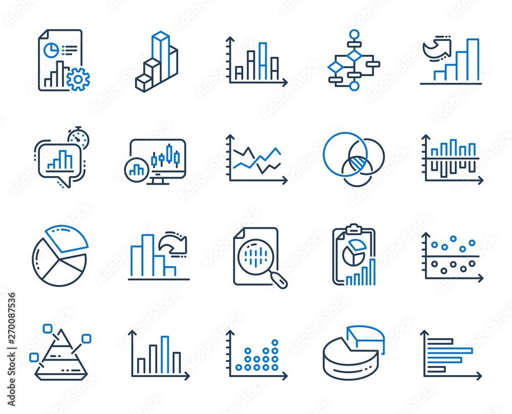 Charts and Diagrams line icons. Report, 3D Chart, Block diagram and Dot ...