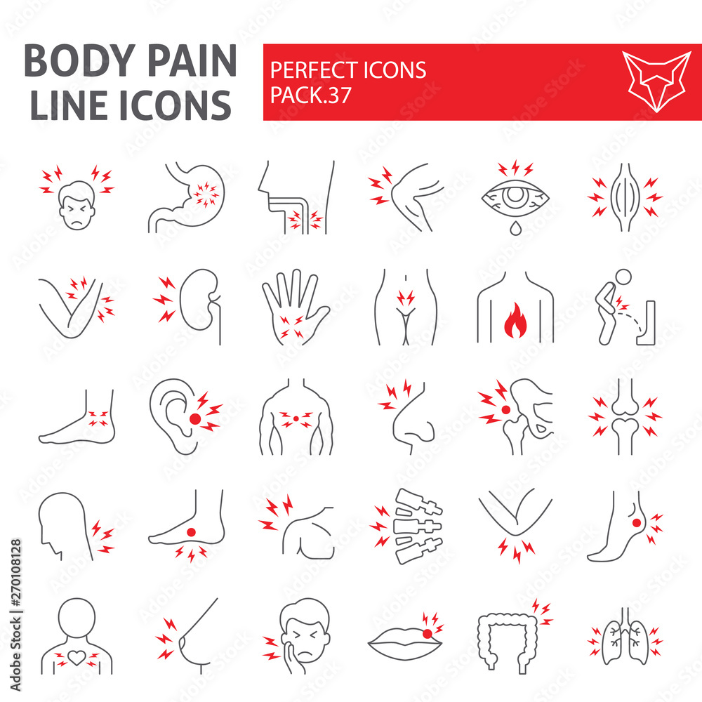 Body pain thin line icon set, organs ache symbols collection, vector ...