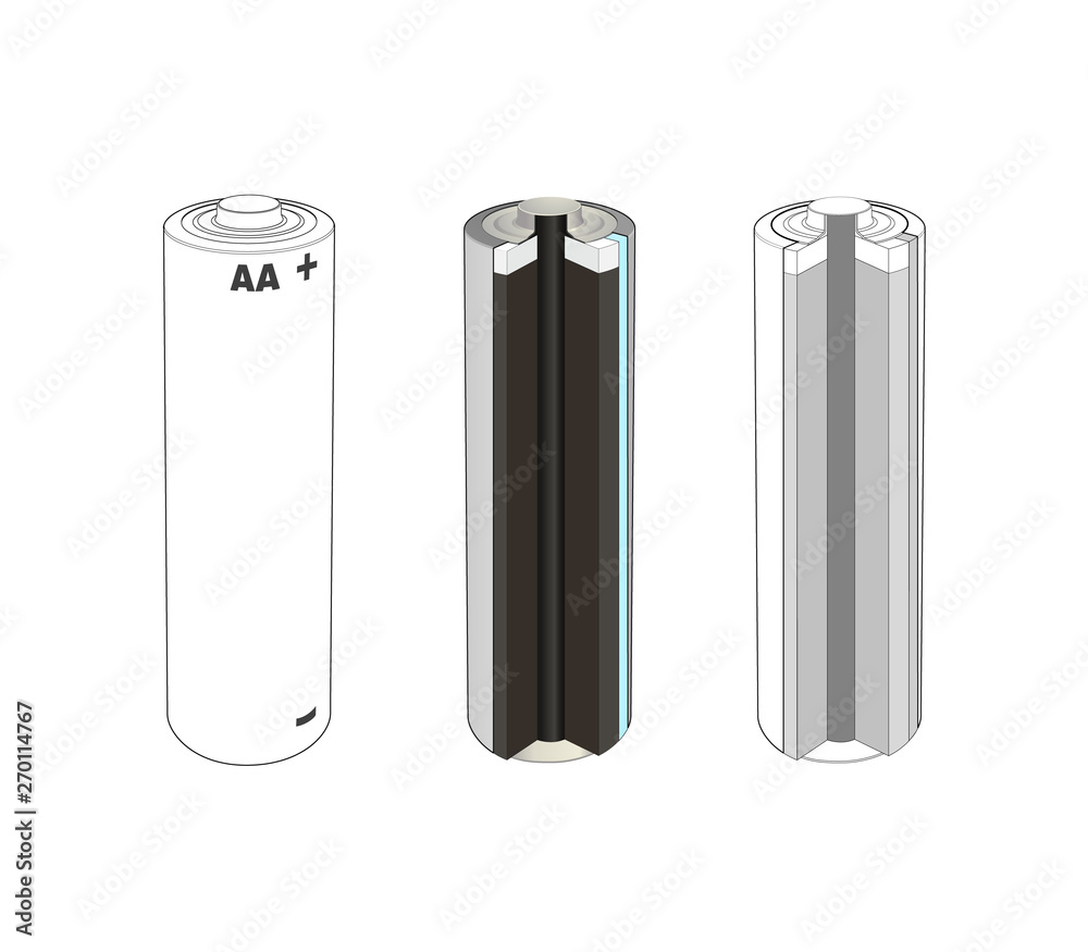 AA alkaline or lithium single cell battery scheme. Battery inside cut ...