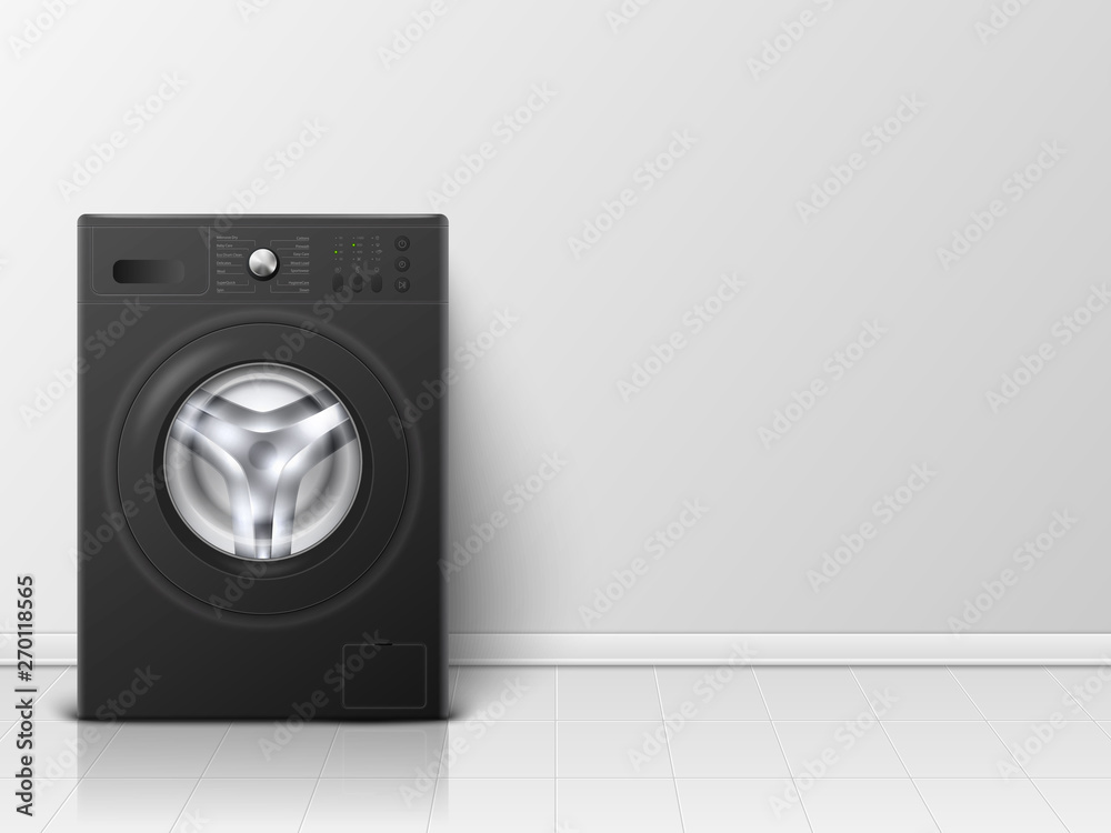 Vector Background with 3d Realistic Modern Black Steel Washing Machine ...
