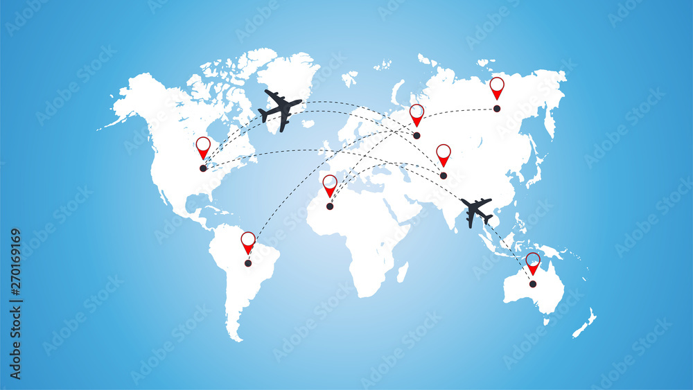 Flying Plane. The path Plane. Flying around the world. Flat vector ...