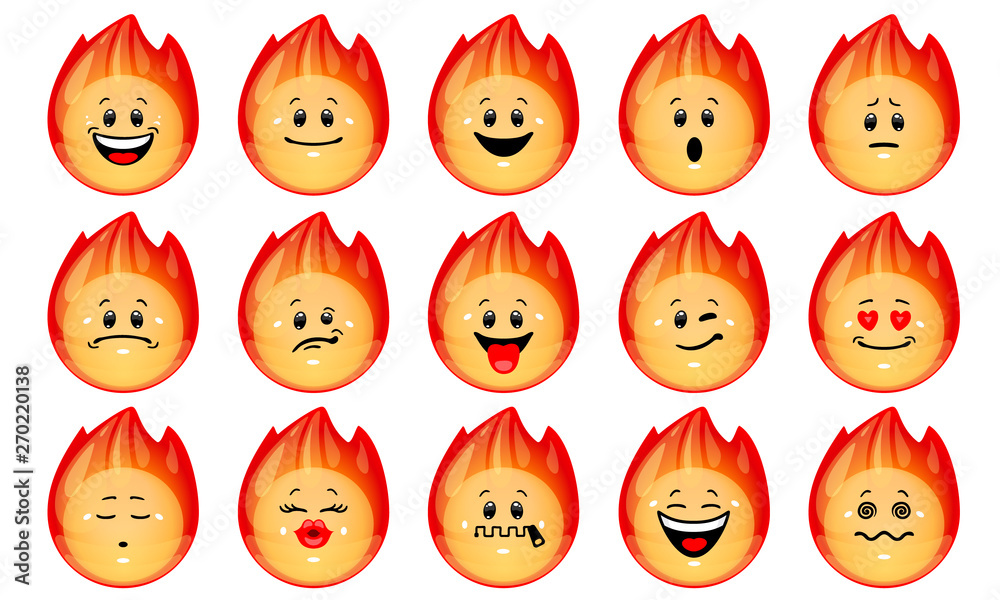 Vector set of flame emoticons. Collection of hot fire shapes with ...