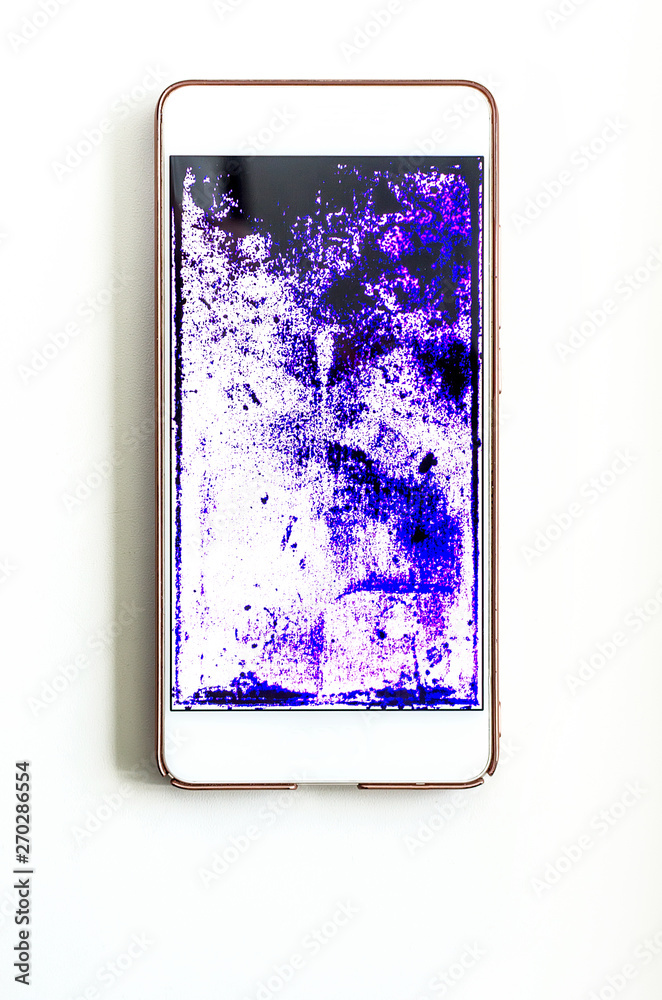 Foto de Stock phone with a broken screen. dark spots of purple, blue ...