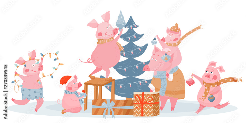 New Year greeting card with funny pigs. Cute pigs decorate the ...
