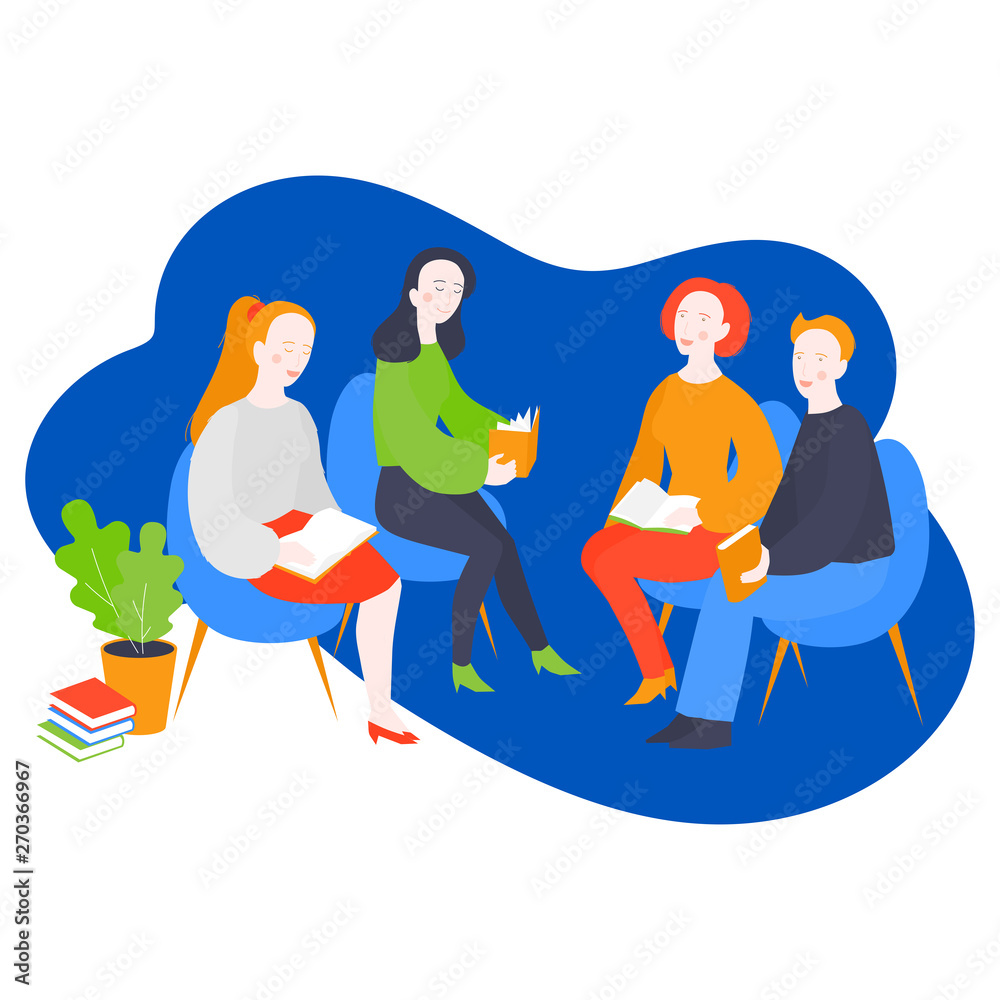 Book club meeting, library. Education, reading group of students ...