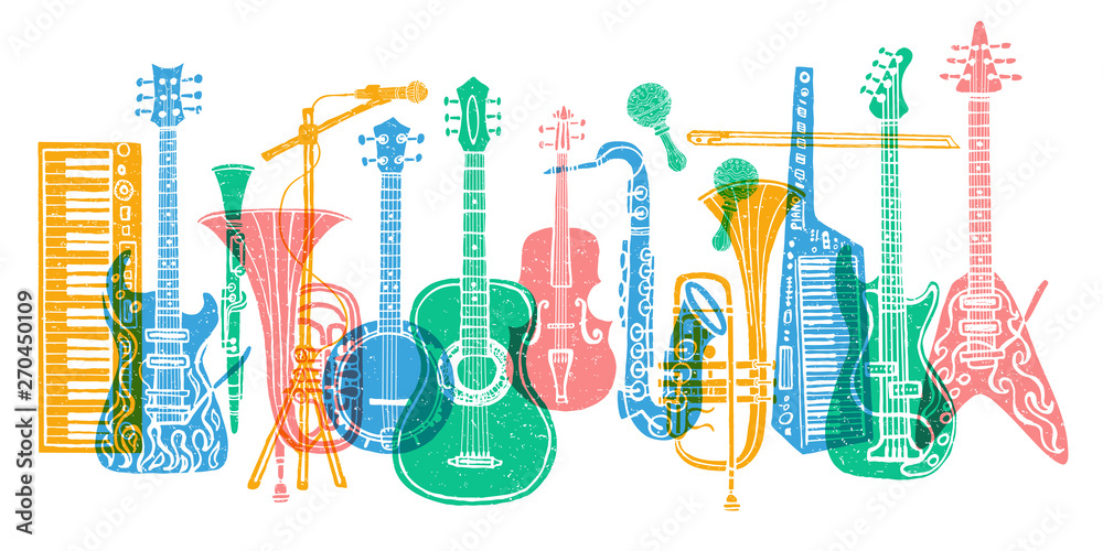 Musical instruments, guitar, fiddle, violin, clarinet, banjo, trombone ...