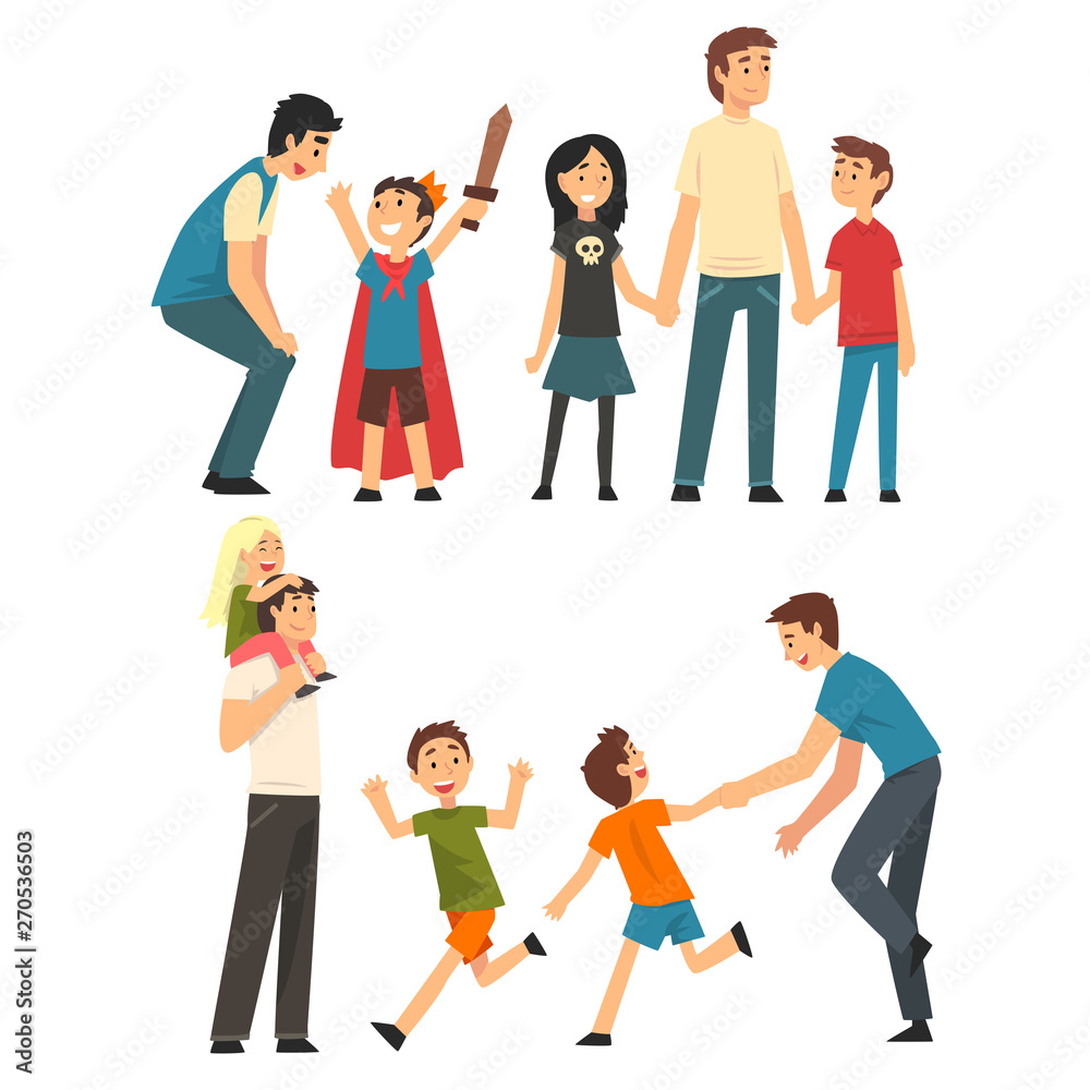 Dads Playing with Their Children Set, Fathers, Sons and Daughters ...
